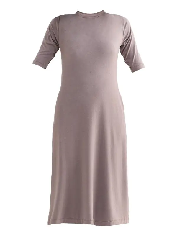 REISTOR High Crew Neck Elbow Sleeves Fitted Dress In Dusty - Brown