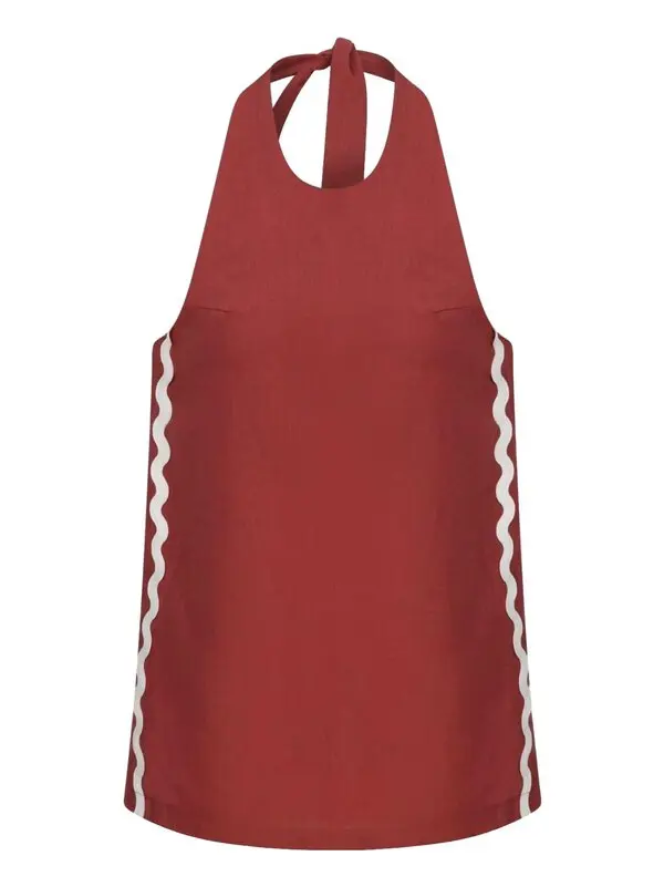 THISISU COLLECTION Wavy Top Tie-neck Linen Top With Wavy Trim Cherry Clay - Red