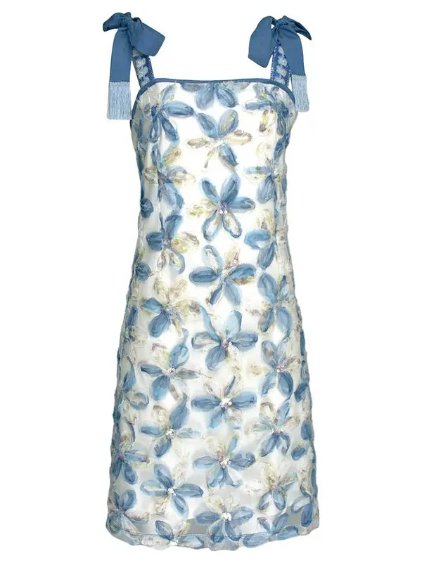 LALIPOP DESIGN Flower Applique Mini Dress With Tieable Straps - Blue