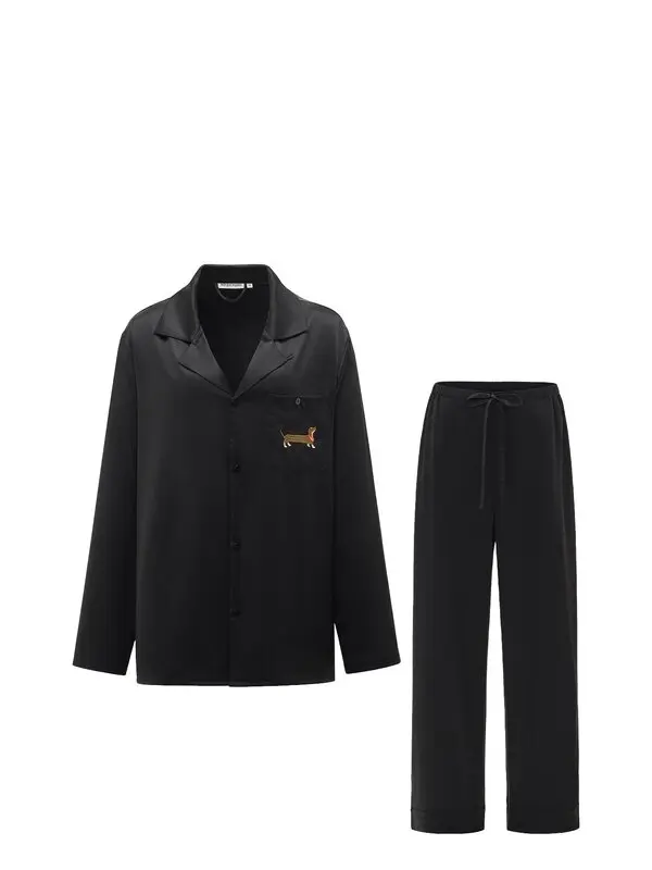 Not Just Pajama Dachshund Charm Silk Lounge Set - Black