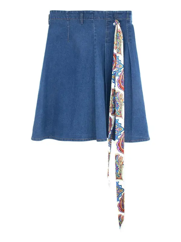 PROFILE NYC Denim Pleat Kilt Skirt With Tie - Blue