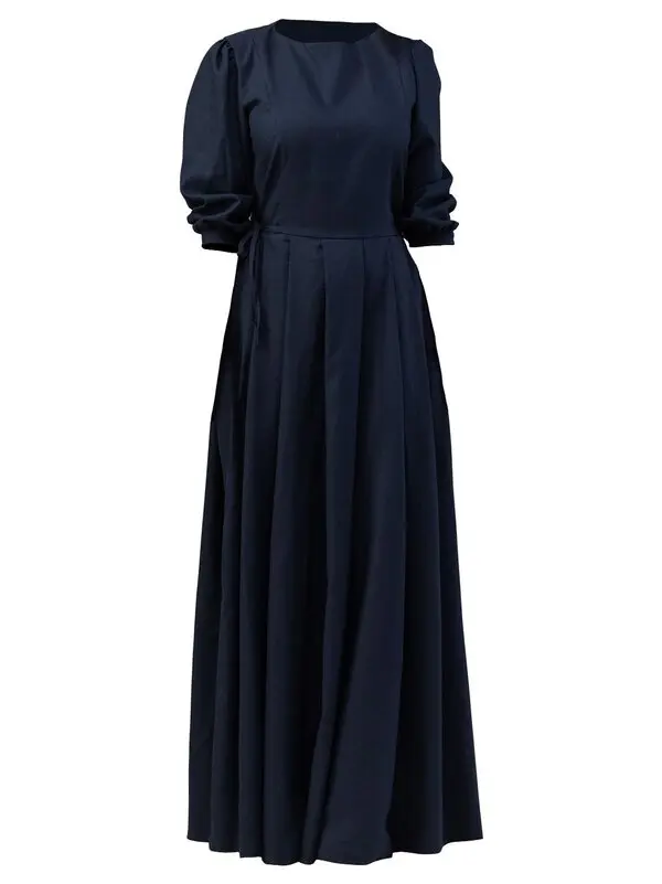 NIKKA PLACE Vintage Inspired Linen Dress With Puff Sleeves And Pockets In Dark - Blue