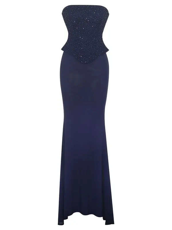 MISS CIRCLE NEW YORK Orabelle Navy Beaded Peplum Mermaid Maxi Gown With Lace-up Back - Blue