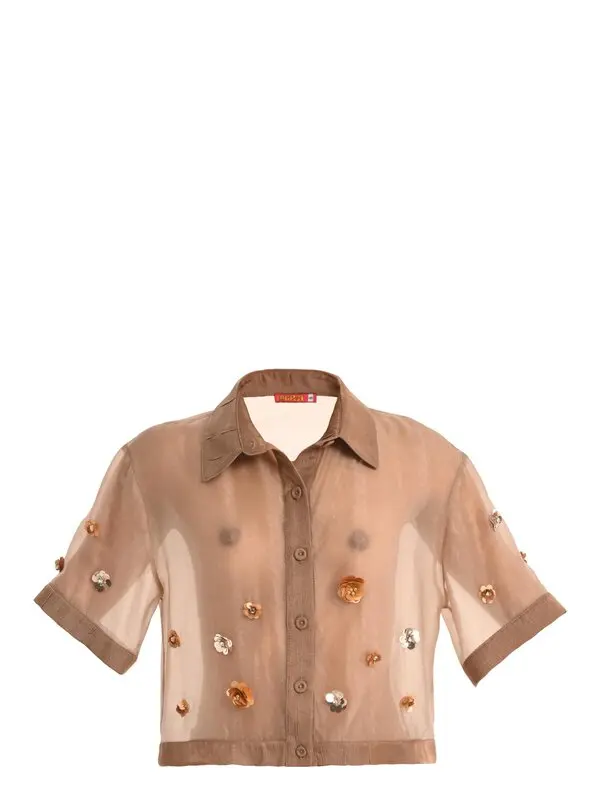 LALIPOP DESIGN Floral Appliqué Sheer Bomber Jacket - Brown