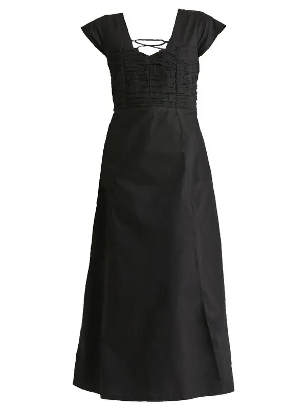 REISTOR Ruched Cotton Dress With Front Slit - Black