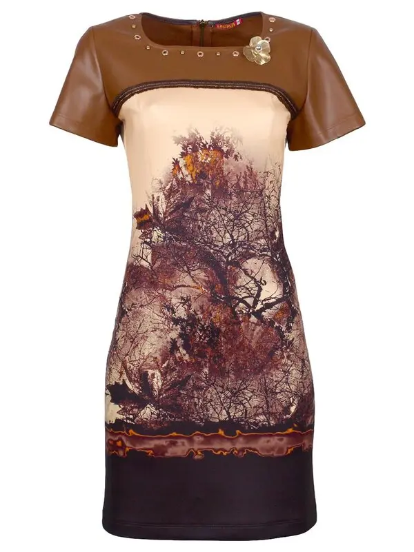 LALIPOP DESIGN Neutrals All-over Graphic Print Short Sleeve Dress Panelled With Vegan Leather - Black