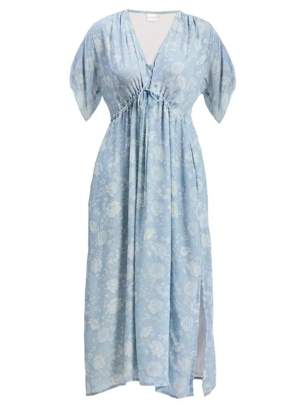 REISTOR Maxi Gathered Dress In Florals - Blue