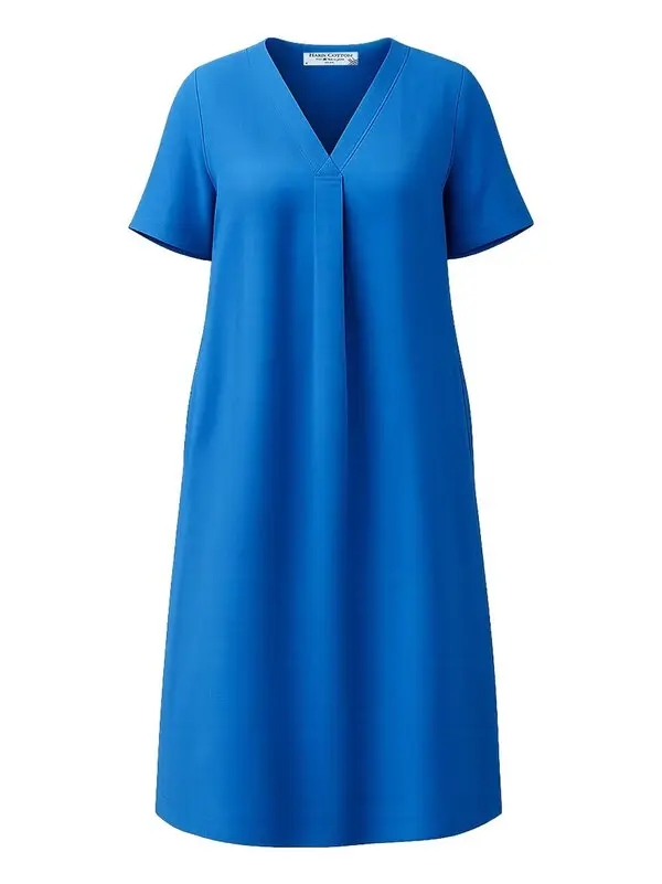 Haris Cotton Notched Neckline Curve Linen Dress With Batwing Sleeve Sapphire - Blue