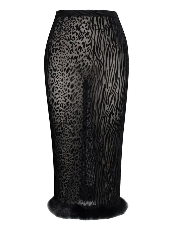 MISS CIRCLE NEW YORK Halia Animal Print Burnout Velvet Fur Trim Skirt - Black