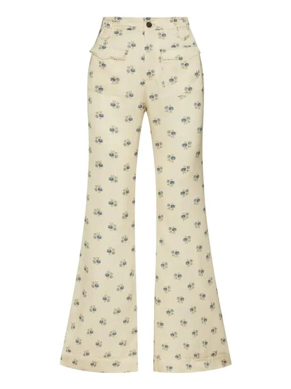 FOLK SAINT Neutrals / Bridget Bells Long High-waisted Floral Print Western Bell Bottoms - White