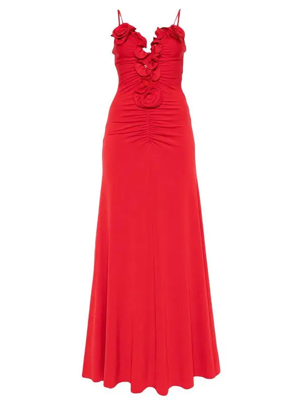 NISSA Floral-applique Jersey Midi Dress White - Red