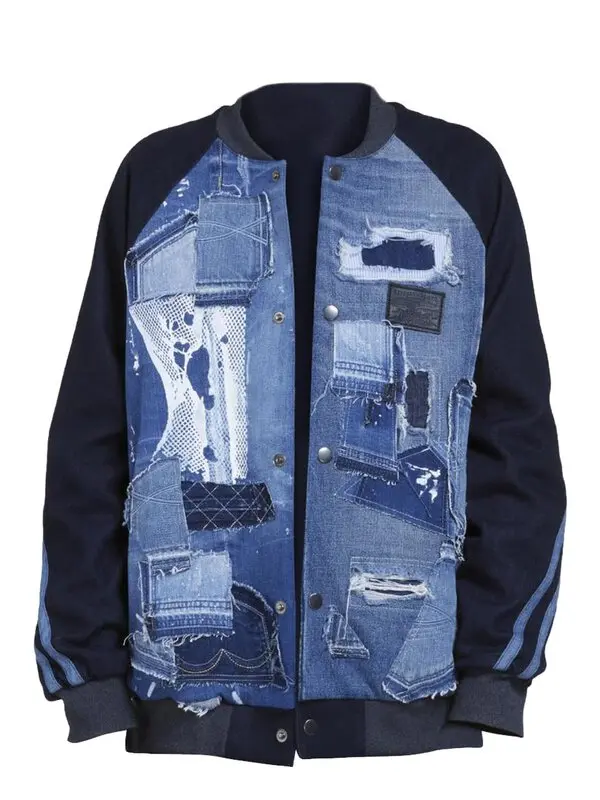 STORY WEAR Knit-like Denim Baseball Jacket - Blue