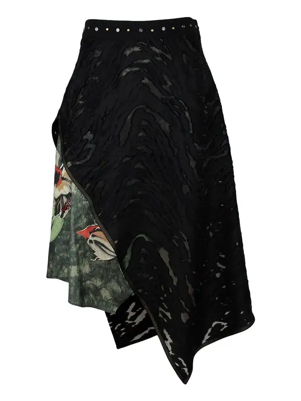 LALIPOP DESIGN Black / Green Asymmetric Burnout & Floral Appliqué Midi Skirt - Black/green