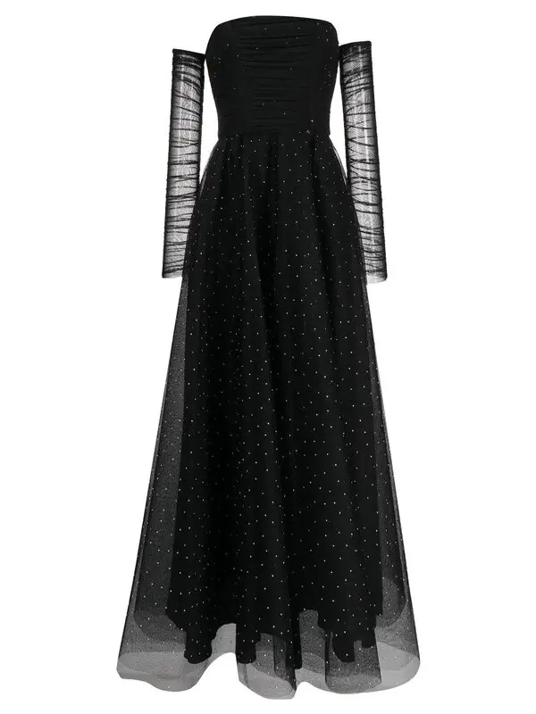NISSA Rhinestone-embellished Tulle Midi Dress - Black
