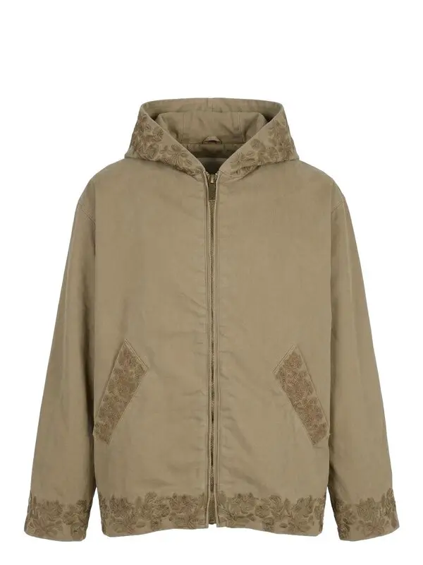 MODENAIRE Hooded Zip Jacket Embroidered Detail Relaxed Silhouette - Brown