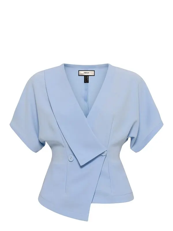 NISSA V-neck Crepe Top - Blue