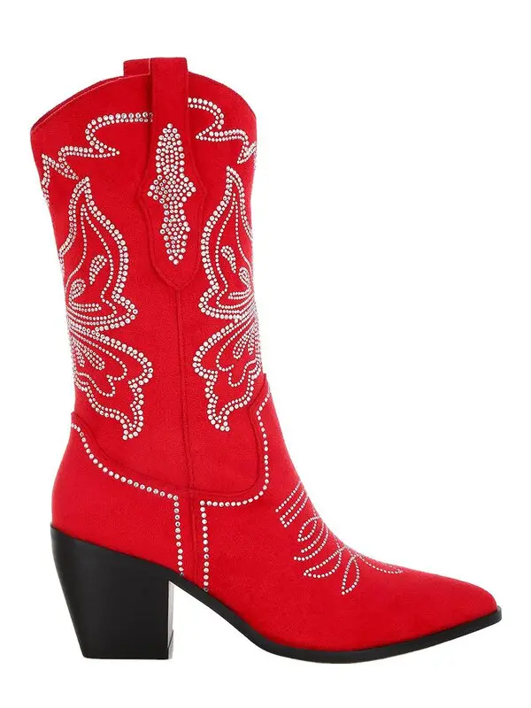 RAG & CO Latafa Rhinestones Embellished Cowboy Boots In By - Red