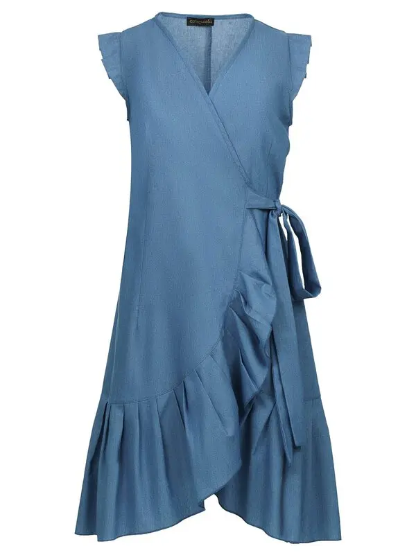 CONQUISTA Chic Sleeveless Wrap Dress With Ruffled Hem - Blue