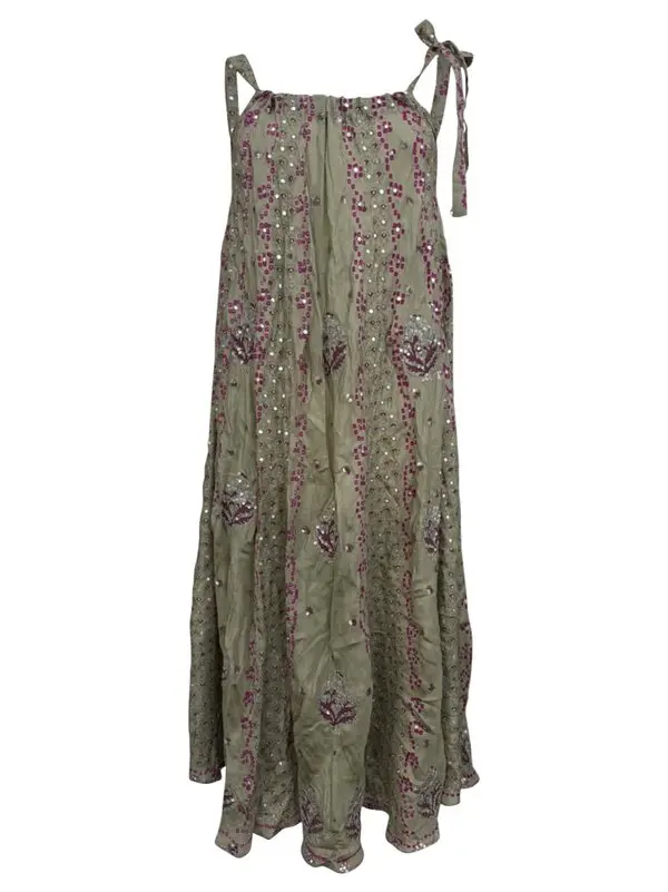 JOSHI Silk Beaded Olive Tie Shoulder Dress - Green