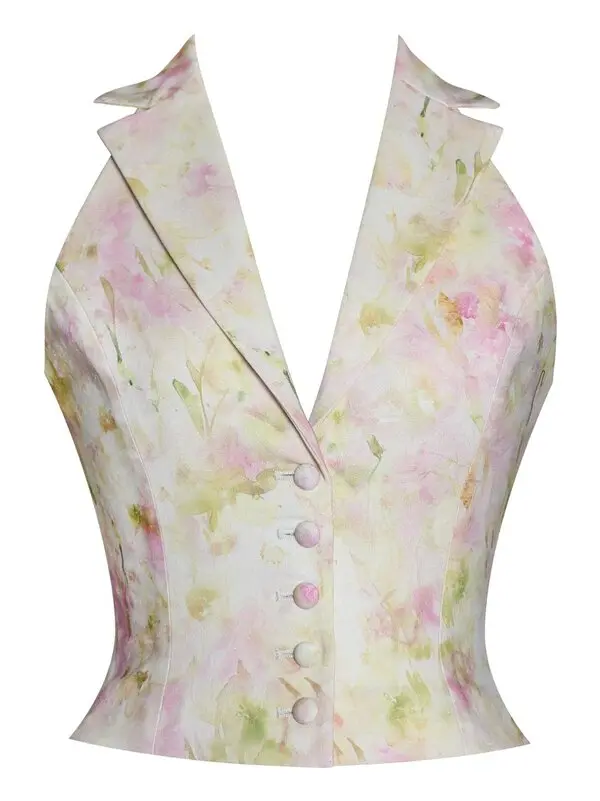 MISS CIRCLE NEW YORK Lauren Floral Print Ruched Back Linen Suit Vest - Pink
