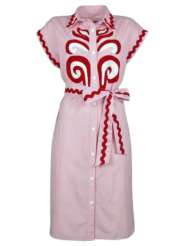 LALIPOP DESIGN Pinstripe Cotton Shirtdress With Paisley Embroidery - Red