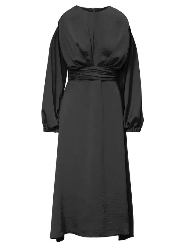BLUZAT Midi Dress With Shoulder Pads Detail And Pleats - Black