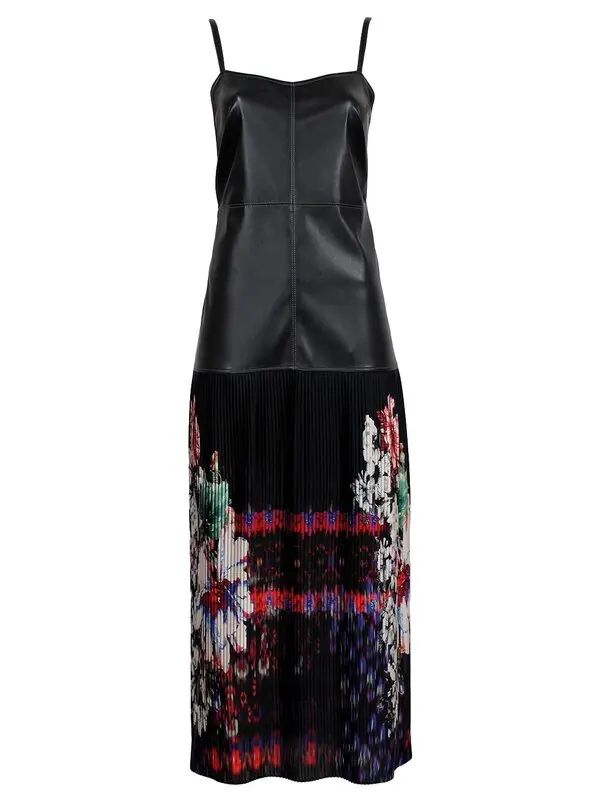 LALIPOP DESIGN Vegan Leather Maxi Dress With Pleated Skirt - Black