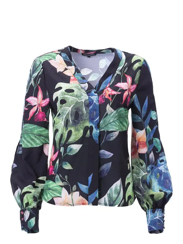 CARLOSLINES V-neck Bar Tack Long Sleeve Blouse In Multi-colored Palms Print - Black