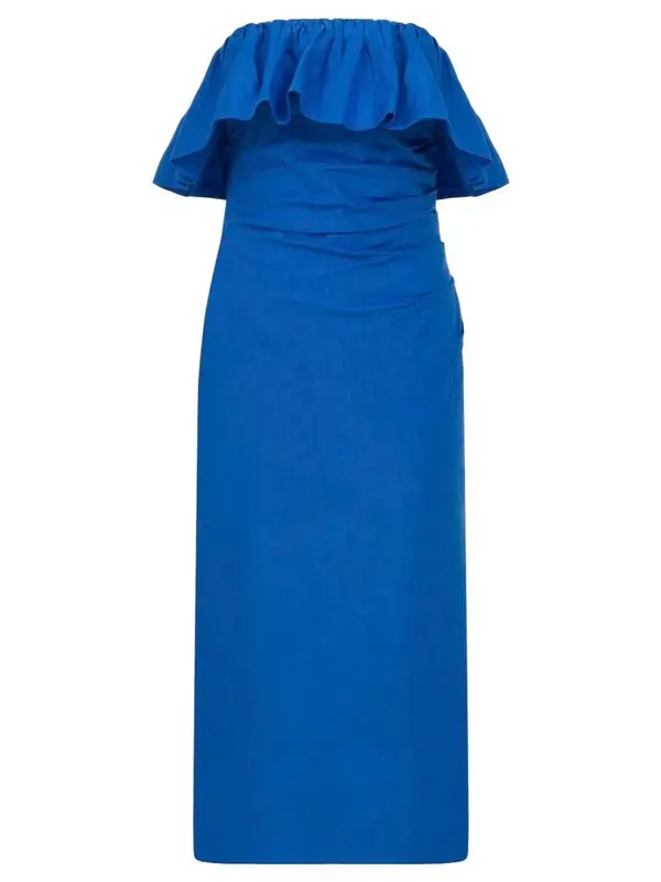 THISISU COLLECTION Seashell Midi Dress Strapless Linen Midi Dress With Ruffle Detail And Lining Aegean Wave - Blue