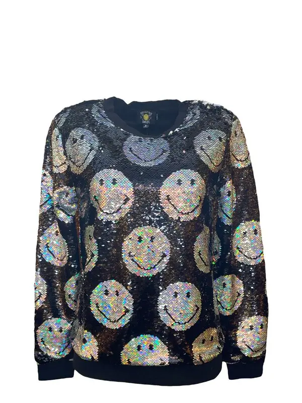 ANY OLD IRON Black / Silver Iridescent Smiley Reversible Sequin Sweatshirt - Black/silver