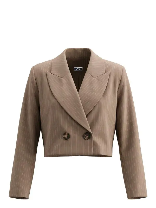 L2R THE LABEL Neutrals / Beige Pinstripe Cropped Double Breasted Blazer - Brown