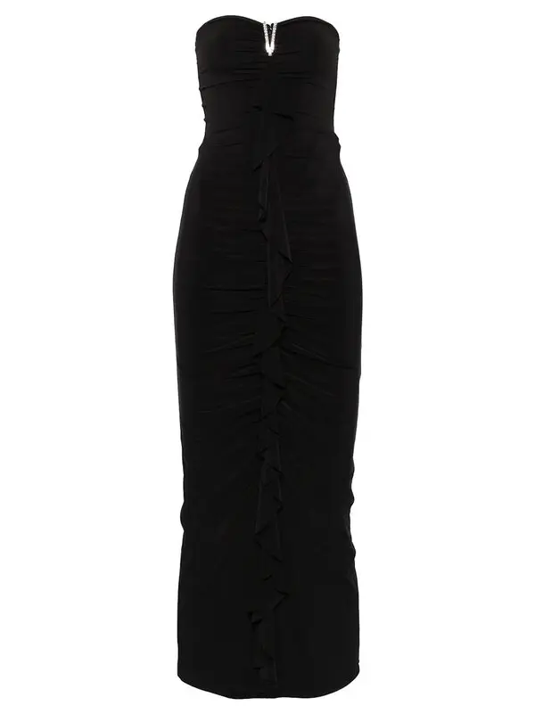 NISSA Ruffled Ruched Jersey Midi Dress - Black