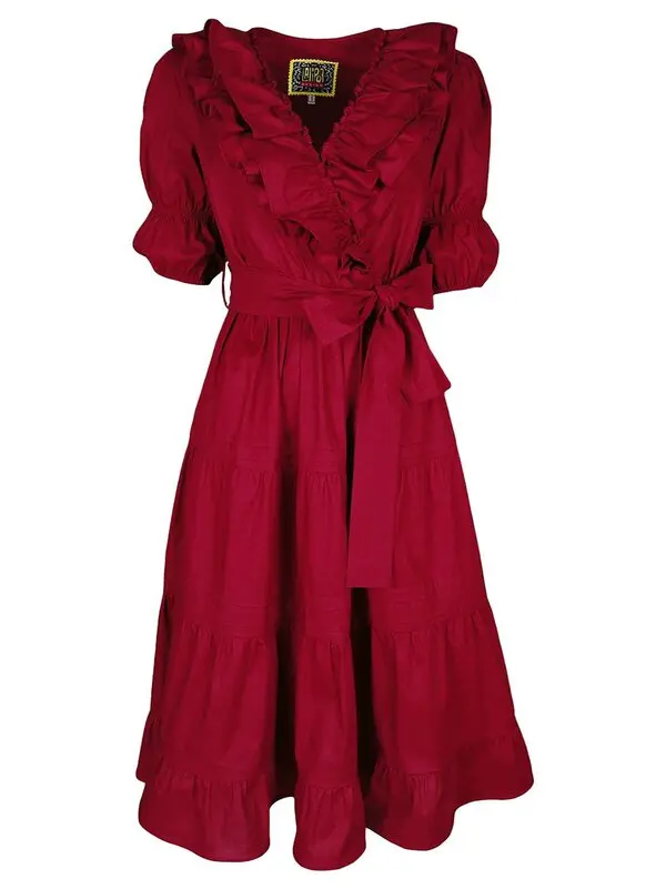 LALIPOP DESIGN Dark Cherry Double-breasted V-neck Cotton Dress With Ruffles - Red