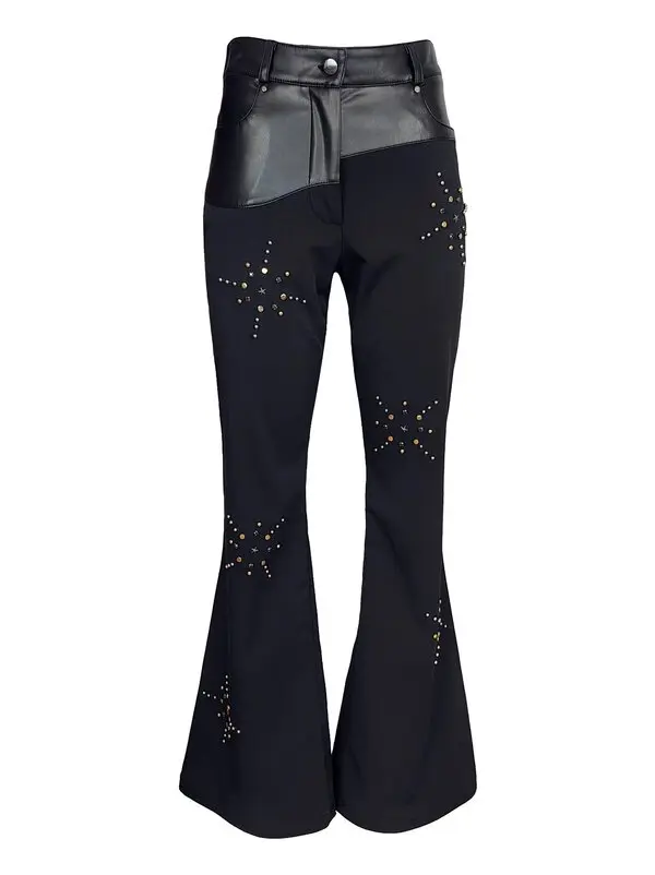 LALIPOP DESIGN Vegan Leather Detailed Trim Flared Pants With Stud Embellished Stars - Black
