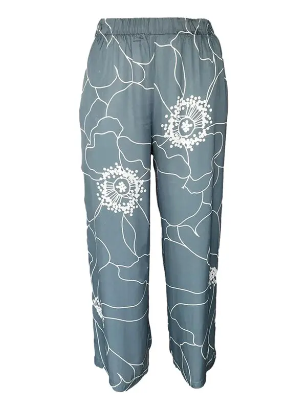 Haris Cotton Printed Satin Elastic Waist Pants Peonies - Blue