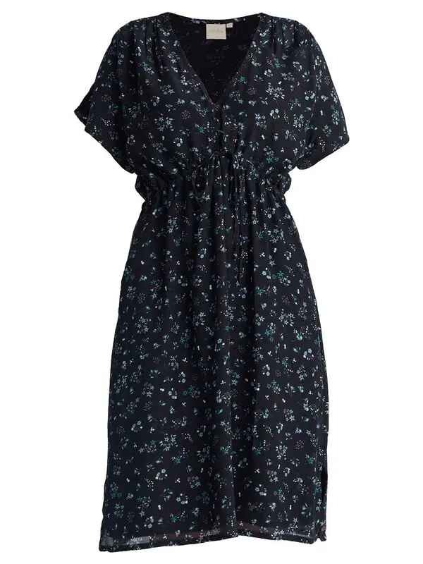 REISTOR Gathered Knee-length Dress In Dark Florals - Blue