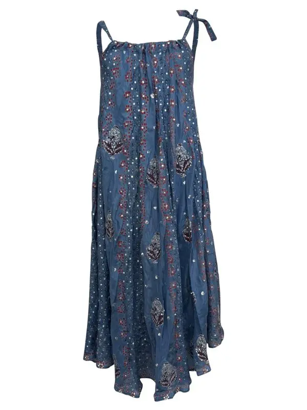 JOSHI Silk Beaded Denim Tie Shoulder Dress - Blue