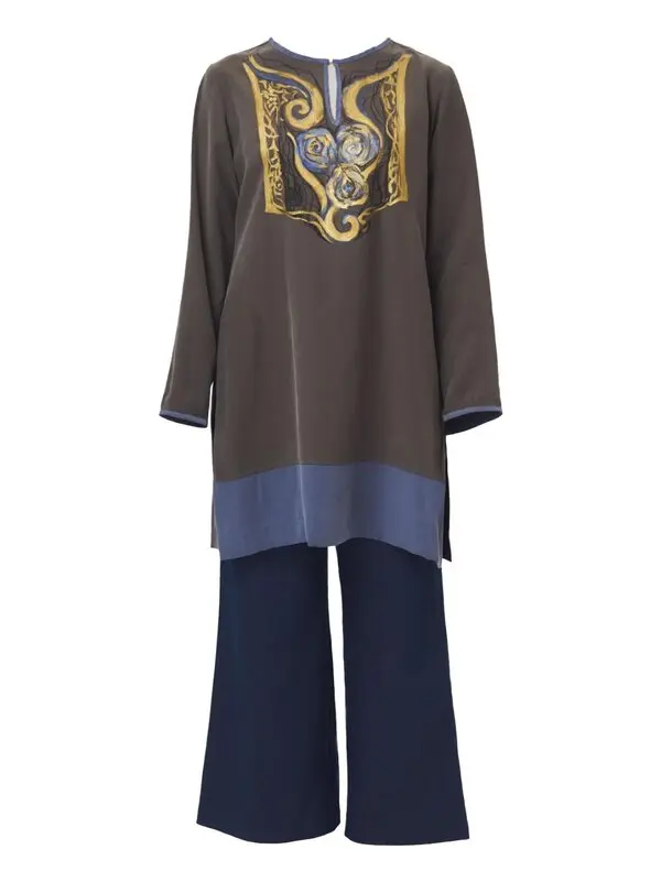 SANIYA KHAN Roses & Filigree Hand Painted Tunic - Brown
