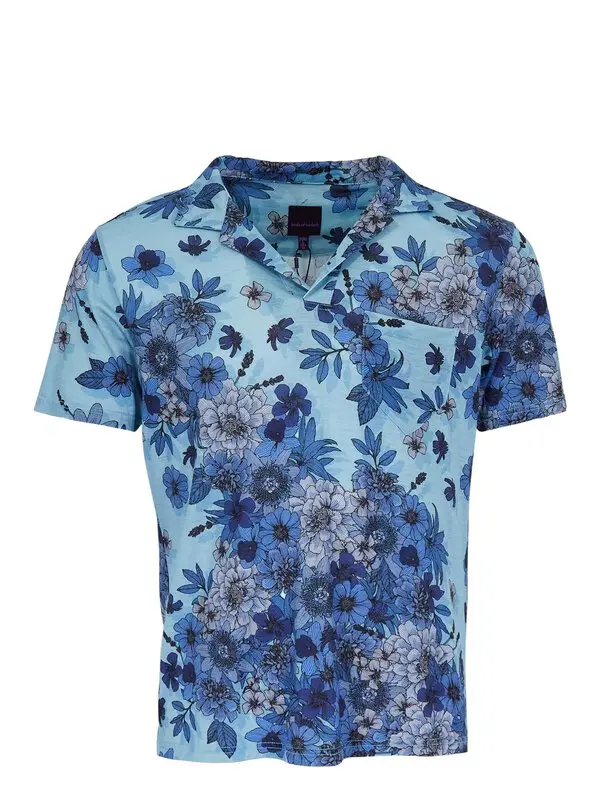 LORDS OF HARLECH Bobby Valencia Floral Merino Jersey Collared Shirt Teal - Blue