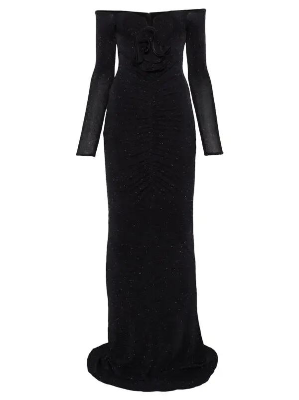 NISSA Floral-detail Ruched Maxi Dress - Black