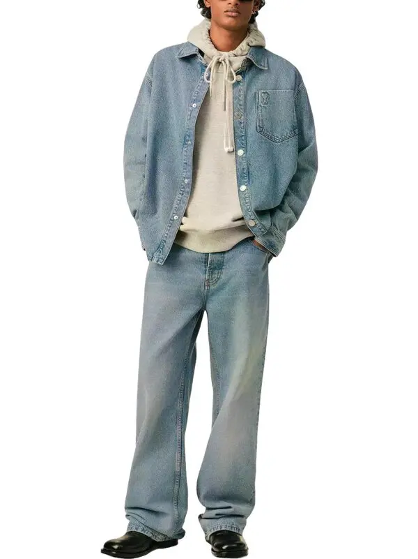 AMI Paris Cotton Overshirt With De Coeur - Blue