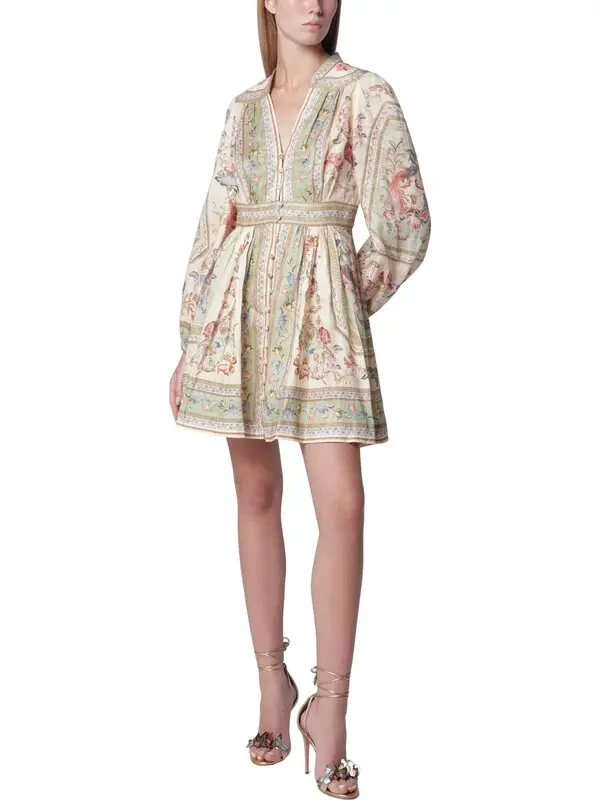 Zimmermann Roselight Mini Dress In Sage Floral Linen - Multicolor