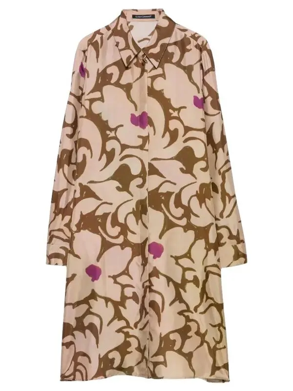 LUISA CERANO Floral-print Long-sleeve Shirt Midi Dress - Neutrals