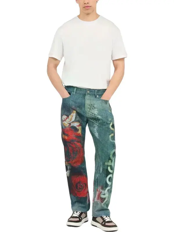 Roberto Cavalli Rose-print Cotton Jeans - Blue