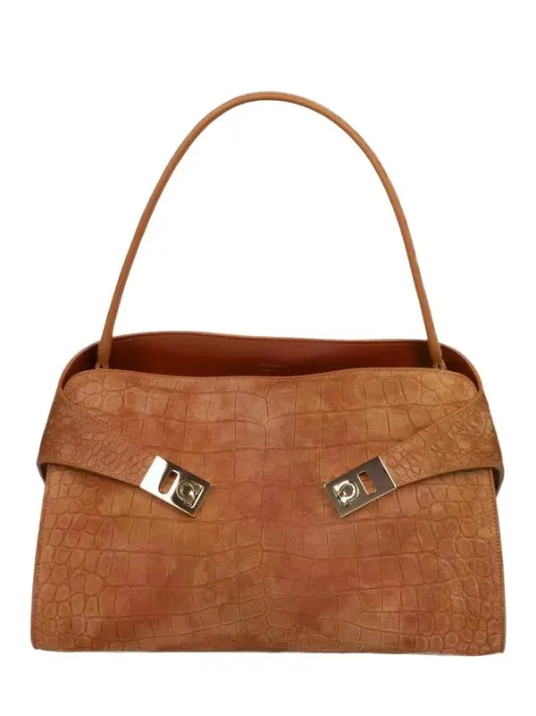 FERRAGAMO Medium Hug Soft Croc-effect Suede Shoulder Bag - Brown