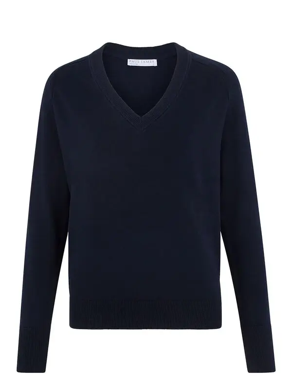 PAUL JAMES KNITWEAR Lightweight Cotton Celeste Deep V Neck Jumper Navy - Blue