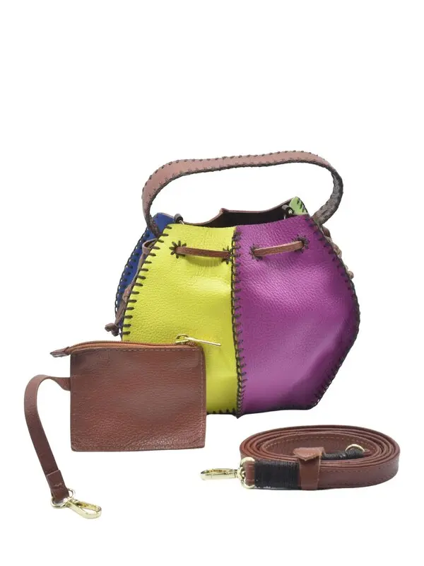 Carlos Falchi Bucket Leather Bag Bright Rainbow Multicolour - Black