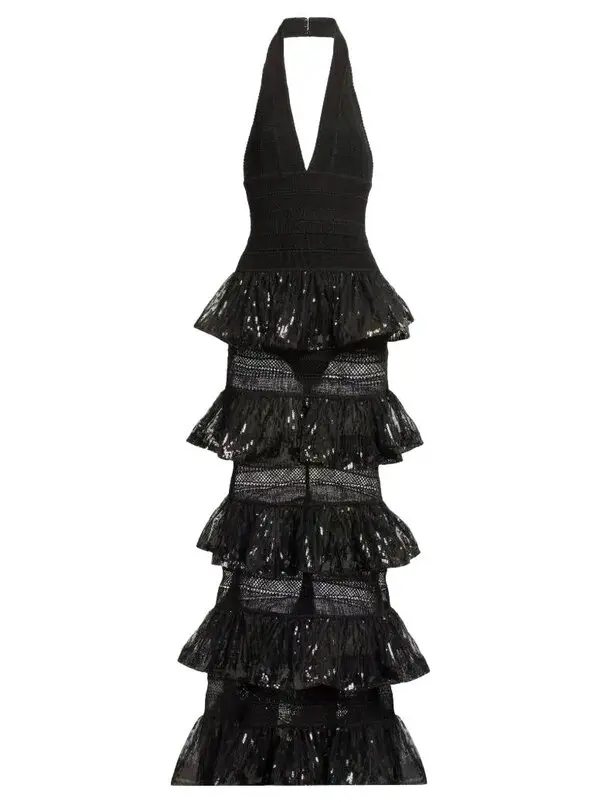 Elie Saab Sequin-embellished Ruffled Maxi Dress - Black