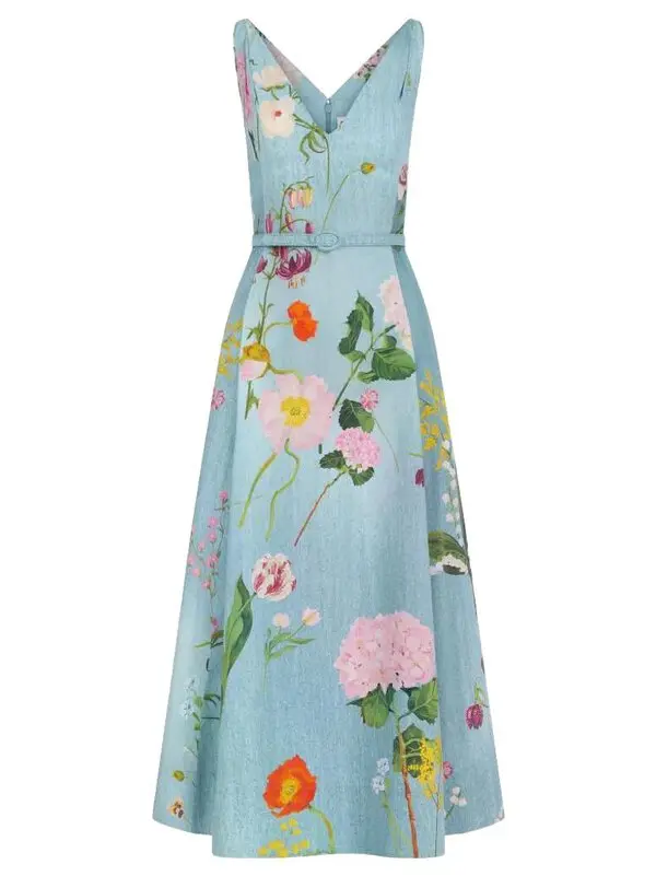 Oscar De La Renta Botanical-print Belted Midi Dress - Blue