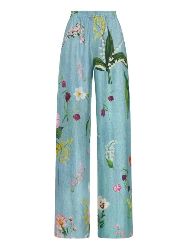 Oscar De La Renta Floral-print Silk Palazzo Pants - Blue